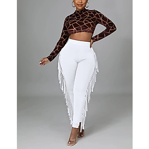 Choichic Women's Casual High Waist Fringed Pants Elastic Waist Bodycon Pants Trousers Tassels Side Long Pants Jogger Sweatpant Skinny Leggings White Small