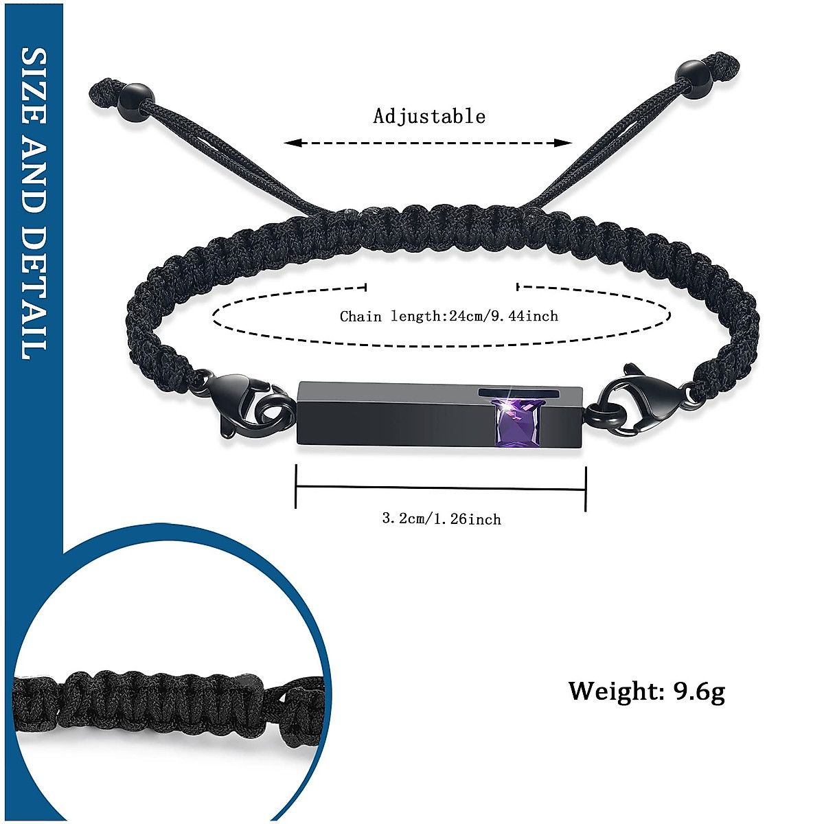 constantlife Birthstone Crystal Cube Urn Bracelet for Ashes Braided Rope Adjustable Bangle Cremation Memorial Jewelry Loved Ones Funeral Keepsake Gift for Women Men (Black-Purple)