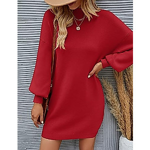 ZESICA Women's 2023 Fall Turtleneck Sweaters Dress Oversized Long Lantern Sleeve Casual Knit Pullover Short Dresses,Red,Small