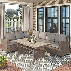 SIYAHOME PE Rattan Wicker Conversation, Weather Sectional Sofa Set with Table & Soft Cushions, Patio Outdoor Furniture, Brown