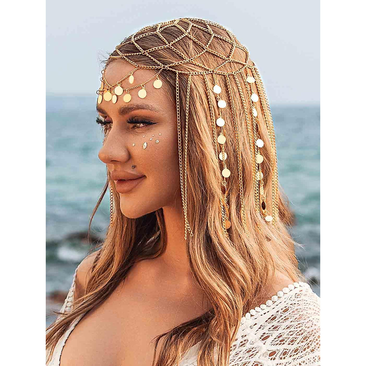 Yean Adults Gold Head Chain Sequins Headband Bohemian Hair Jewelry Tassel Festival Costume Headpiece for Women and Girls