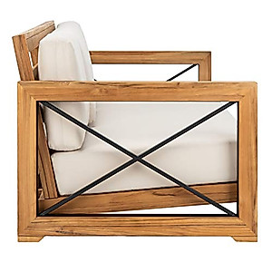 Safavieh CPT1010A Couture Curacao Brazilian Teak Outdoor 3-Seat Patio Sofa, Natural/White