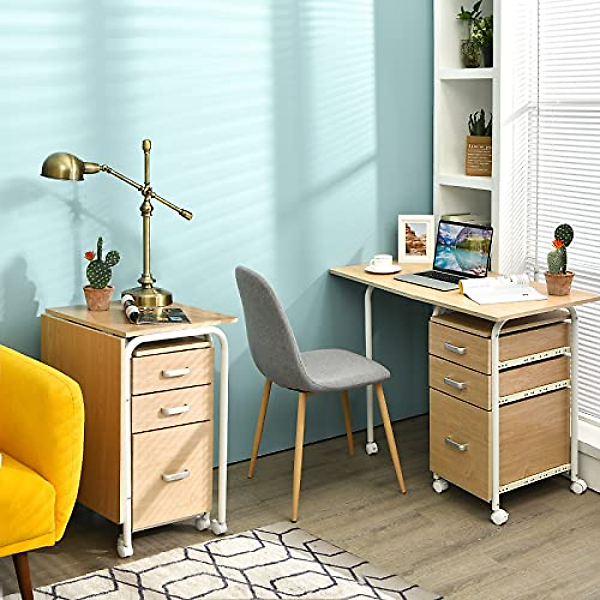 Tangkula Folding Computer Desk Wheeled Home Office Furniture with 3 Drawers Laptop Desk Writing Table Portable Dorm Apartment Space Saving Compact Desk for Small Spaces