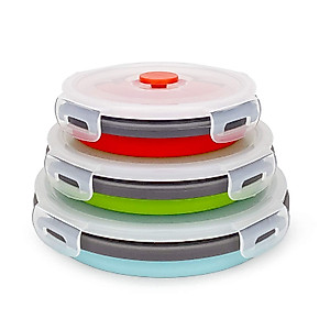CARTINTS Round Collapsible Bowls with Lids, Reusable Silicone Food Storage Containers, 3Pack 350-500-800ML, Stackable Space Saving, Microwave and Freezer Safe, Meal Prep Container