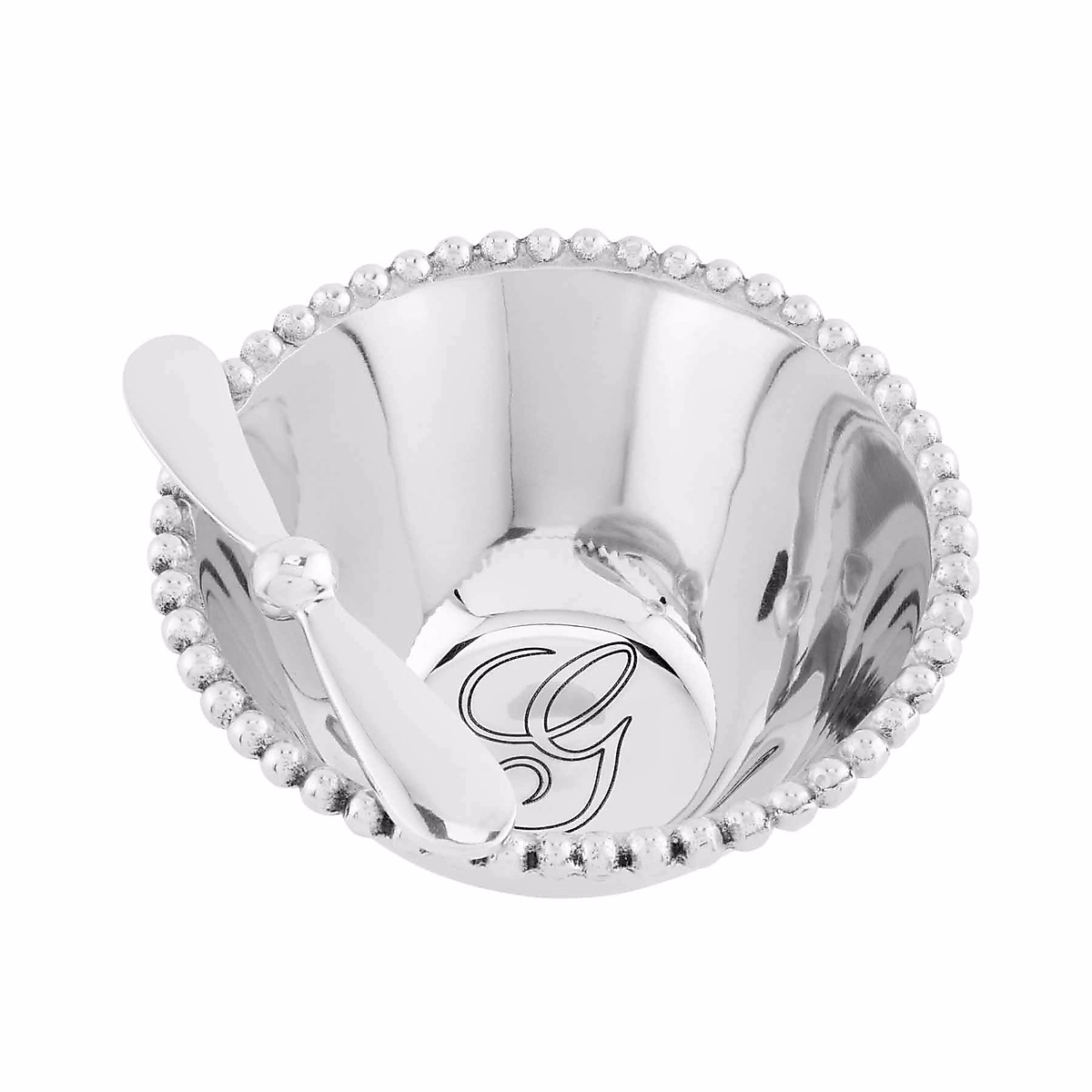 Mud Pie Initial Aluminum Dip Set, bowl 3" x 6" dia | spreader 5 1/2", E