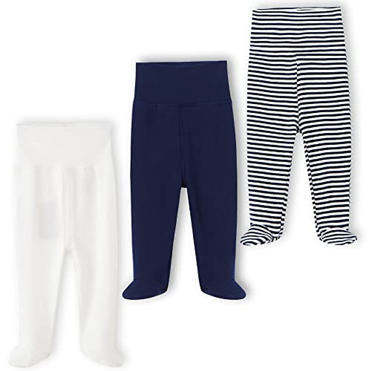 ACESTAR Newborn Baby Boys Girls 3-Pack Cotton High Waist Footed Pants 6-12 Months, Navy Blue
