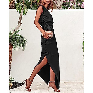 BTFBM Women Sleeveless Ruched Bodycon Dress 2023 Summer High Waist Asymmetrical Slit Formal Party Cocktail Maxi Dresses(Solid Black, Medium)