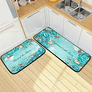 Emelivor Teal Rose Turquoise Kitchen Rugs and Mats Set 2 Piece Non Slip Washable Runner Rug Set of 2 for Kitchen Floor Home Decorative Laundry Hear of Home Seasoned Love