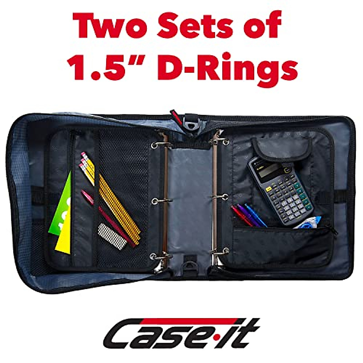 Case-it The Dual 2-in-1 Zipper Binder - Two 1.5 Inch D-Rings - Includes Pencil Pouch - Multiple Pockets - 600 Sheet Capacity - Comes with Shoulder Strap - Black Dual-121-A