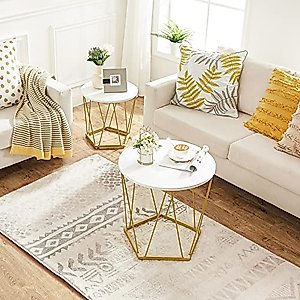 HOOBRO Round Coffee Table Set of 2, Gold Coffee End Table with Metal Frame, Small Coffee Table for Living Room Bedroom Balcony Yard, Modern Style, White and Gold, GD80BZ01