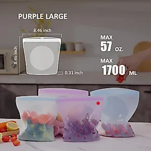 Jovilife Reusable Silicone Storage Bag Double Sealed Leakproof Food Storage Bag BPA Free 1700ml Silicone Food Storage Container Microwave and Dishwasher Safe(PURPLE)