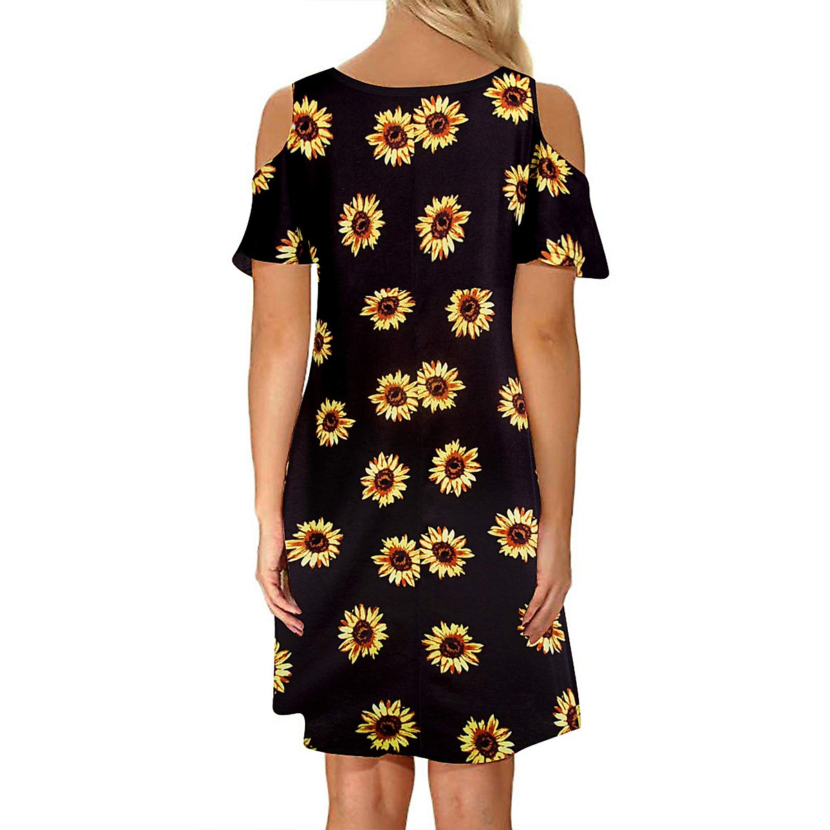 Tanst Sky Sunflower Dress for Women, Ladies Summer Sexy Club Outfits Vestidos De Verano para Mujer Stretchy Mid Length Swing Sun Dresses with Pockets Black L