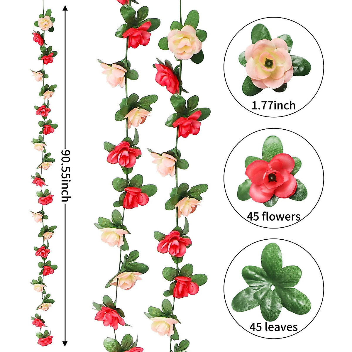 Levana.m 2Pcs Rose Garland Artificial Rose Vine 8.37FT Fake Silk Rose Flower Garland Hanging Rose Ivy Garland for Home Wall Art Wedding Party Garden Craft Decor, Pink