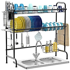 iSPECLE Over The Sink Dish Drying Rack Stainless Steel 2 Tier Dish Rack Large Above Sink Drying Rack Kitchen Sink Shelf, Black