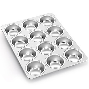 Muffin Pan Cupcake Baking Pan, P&P CHEF 12 Cups Muffin Tin Tray, Stainless Steel Muffin Top Pans for Baking Cake Muffin Tart Quiche, Oven & Dishwasher Safe, Non-toxic & Durable