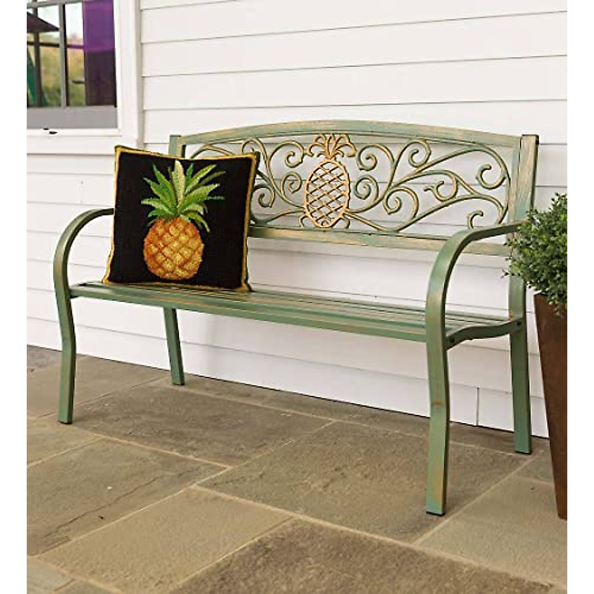 Plow & Hearth Weatherproof Pineapple Outdoor Bench | Holds Up to 300 lbs | Garden Patio Porch Park Deck | Metal | Green
