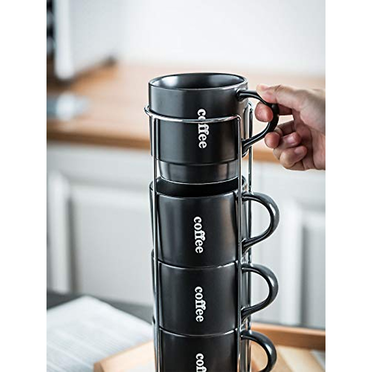 LAUCHUH Stackable Coffee Mug Set with Rack - 15 Ounce for Coffee, Tea, Cocoa, Milk, Set of 4, Father Day Gifts, Black Matte,Black