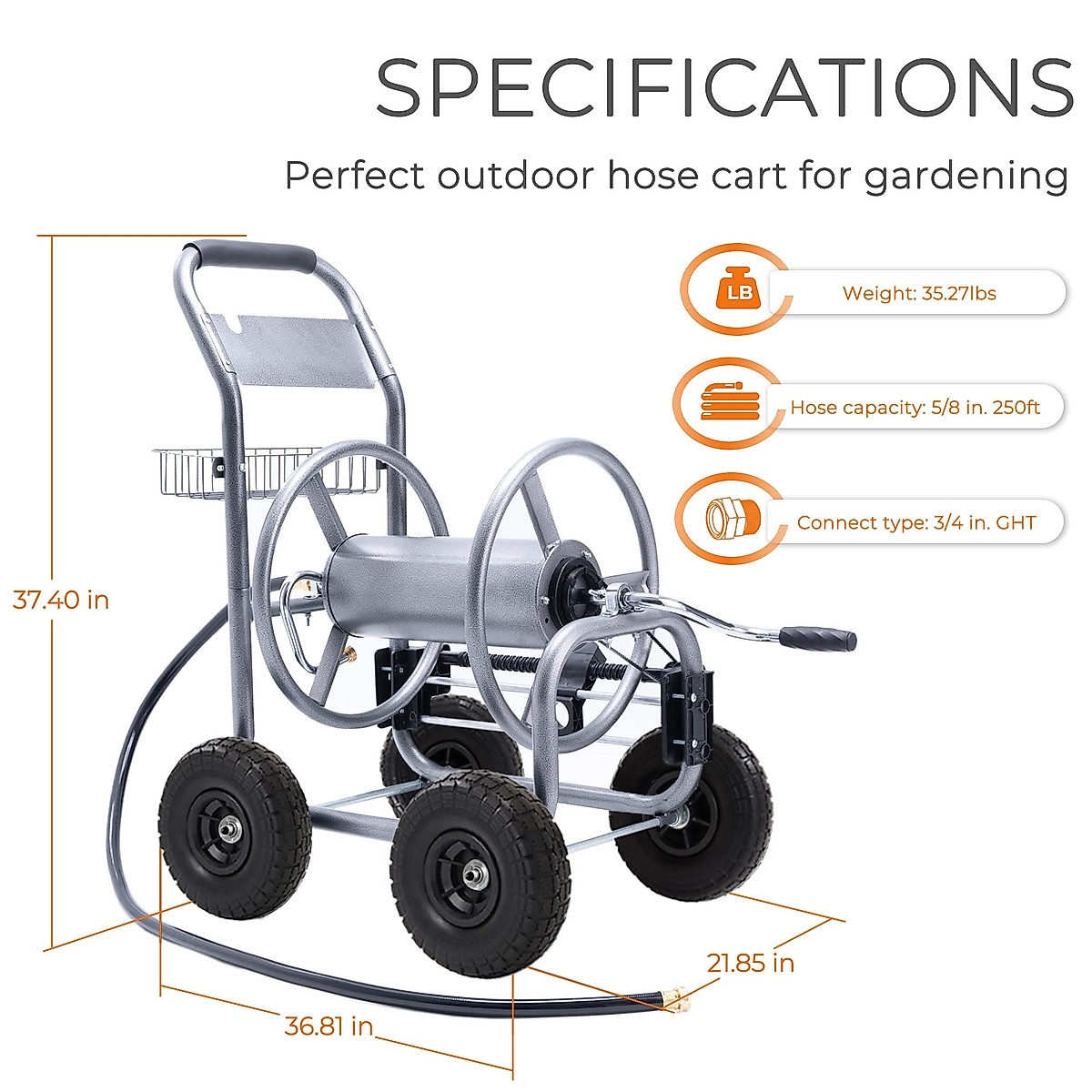Giraffe Tools Hose Reel Cart, Hose Cart with Wheels Heavy Duty, Industrial Hose Reels for Outside, 250-Feet of 5/8" Hose Capacity, Hose Guide Pre-Installed