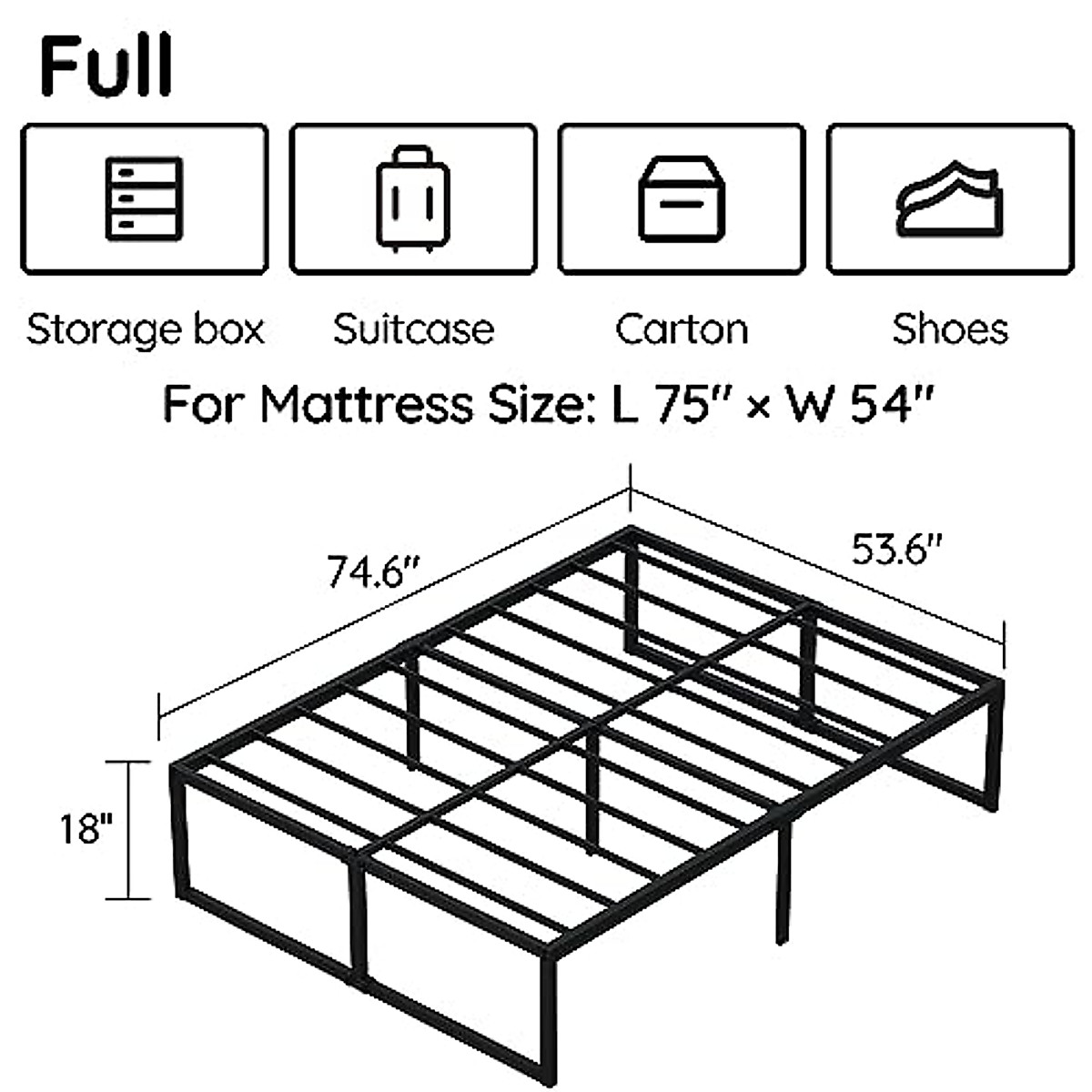 Richwanone 18 inch Full Bed Frame Metal Platform Mattress Foundation with Steel Slat Support, No Box Spring Needed, Easy Assembly, Black