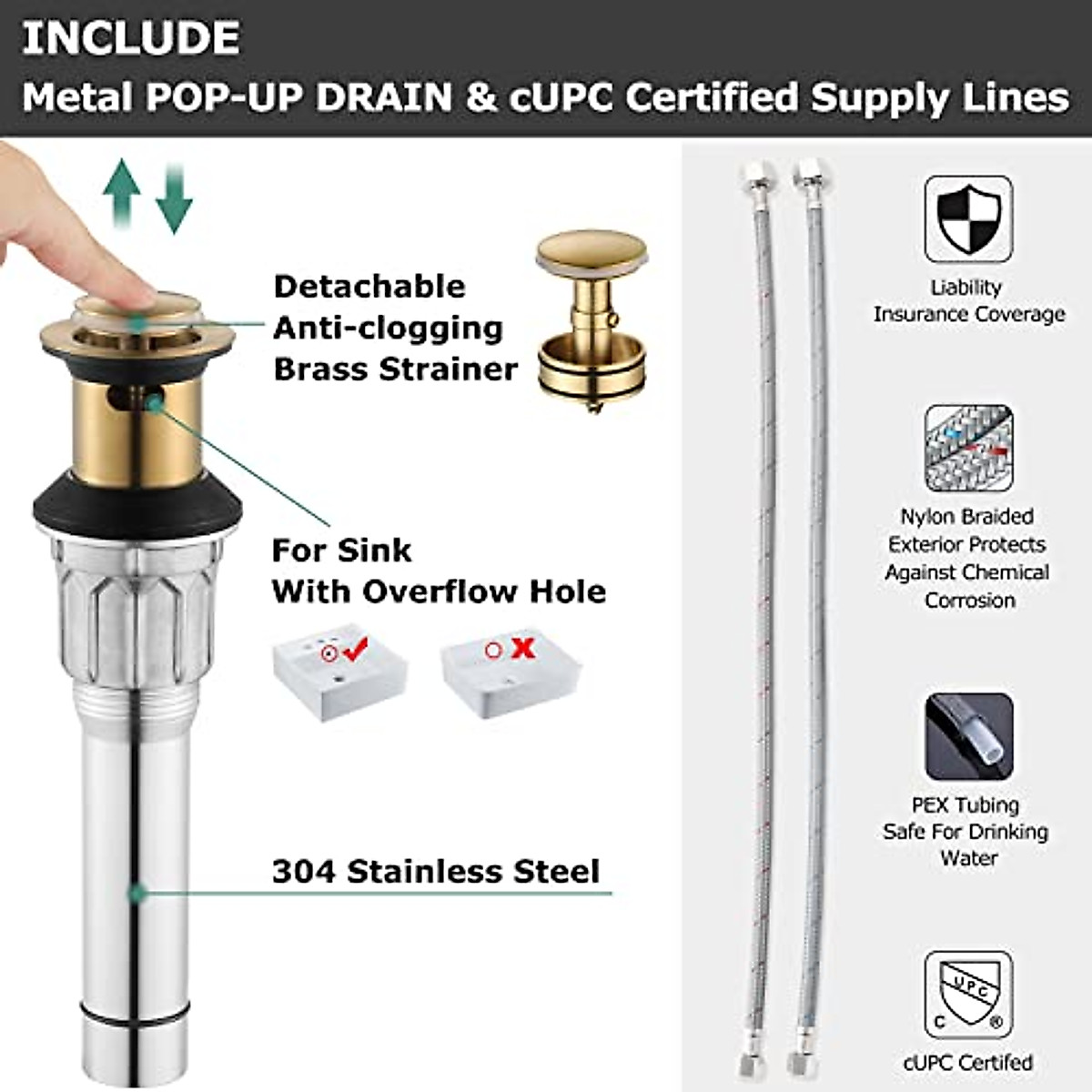 PARLOS Two-Handle Widespread Bathroom Faucet with Metal Pop-up Drain Assembly and cUPC Faucet Supply Lines, Brushed Gold, 1.2 GPM