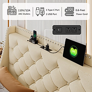 iPormis Full Bed Frame with 16" Comfort Wingback & Charging Station, Upholstered Platform Bed with Button Tufted Storage Headboard, Solid Wood Slats Support, No Box Spring Needed, Beige