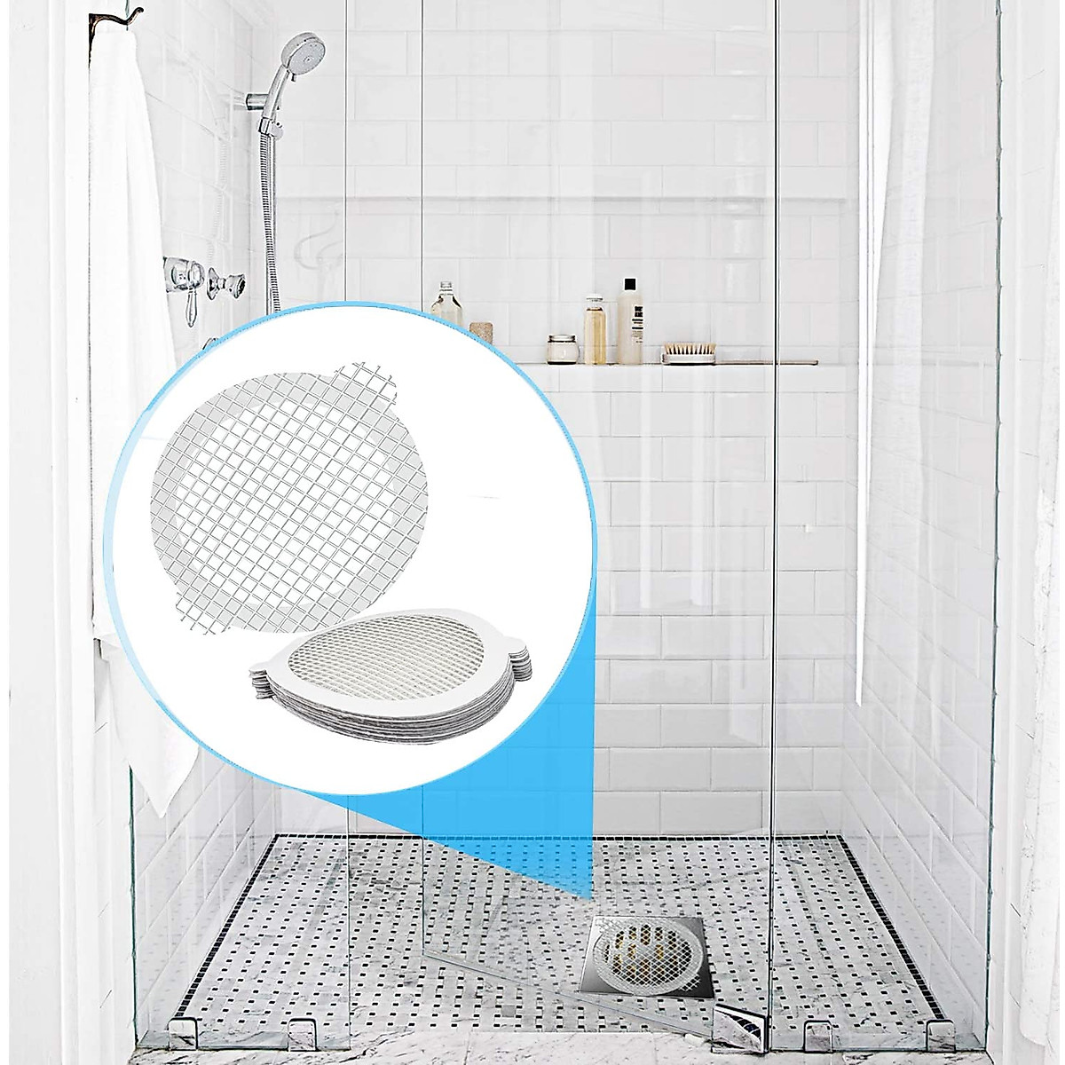 COMMON'H Disposable Hair Catcher for Shower Drain , 25 Pack, 3 1/2 Inch Mesh Shower Drain Covers, Stick on Bathroom Hair Catchers Drain Protector, (DrainSaver007)