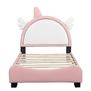 Epinki Cute Twin Size Upholstered Bed with Headboard, Platform Bed with Headboard and Footboard, White Pink, Kids Bed