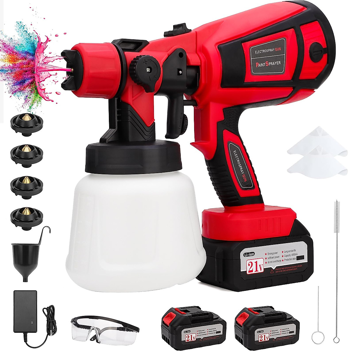 Cordless Paint Sprayer,Battery Operated Spray Gun with 2 * 21V 4000 mAh Batteries HVLP Electric Spray Gun Handheld Spray Gun for Fences Ceilings Furniture Walls Doors Cabinets