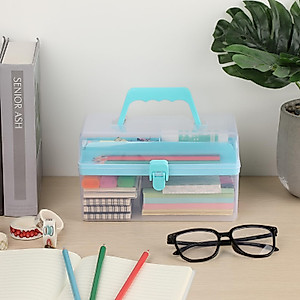 BTSKY Multipurpose Plastic Craft Storage Containers with Removable Tray, Clear Plastic Storage Box with Lid & Handle, Easy Carry & Stack Small Storage Container, 8.5x5x4.9 Inch, Rectangle-Blue