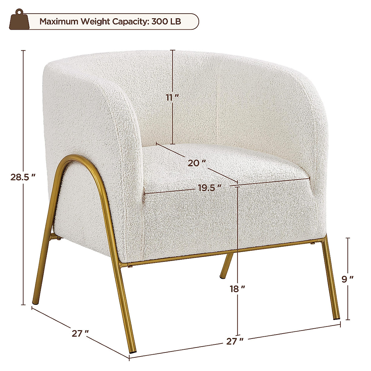 Yaheetech Accent Chair, Modern Barrel Chair, Boucle Fabric Vanity Chair with Golden Legs, Cozy Fuzzy Armchair for Living Room Makeup Room Bedroom Reading Nook Ivory