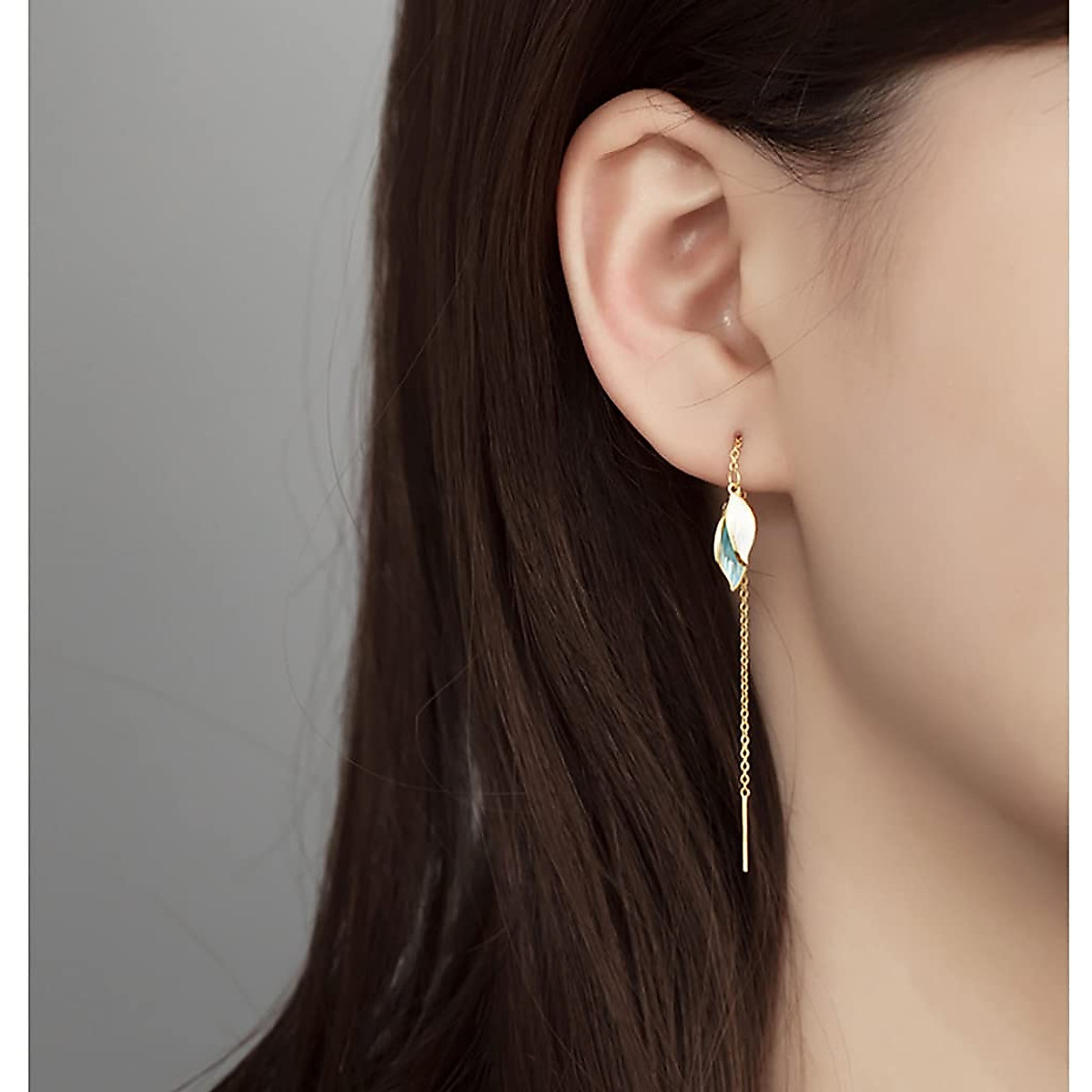 Reffeer Solid 925 Sterling Silver Leaf Chain Dangle Earrings for Women Teen Girls Leaf Dangle Drop Earrings Threader Tassel (B-18K Gold)