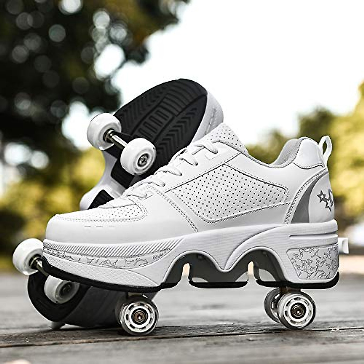 Double-Row Deform Wheel Automatic Walking Shoes Invisible Deformation Roller Skate 2 in 1 Removable Pulley Skates Skating Parkour (White Silver, US 7.5)