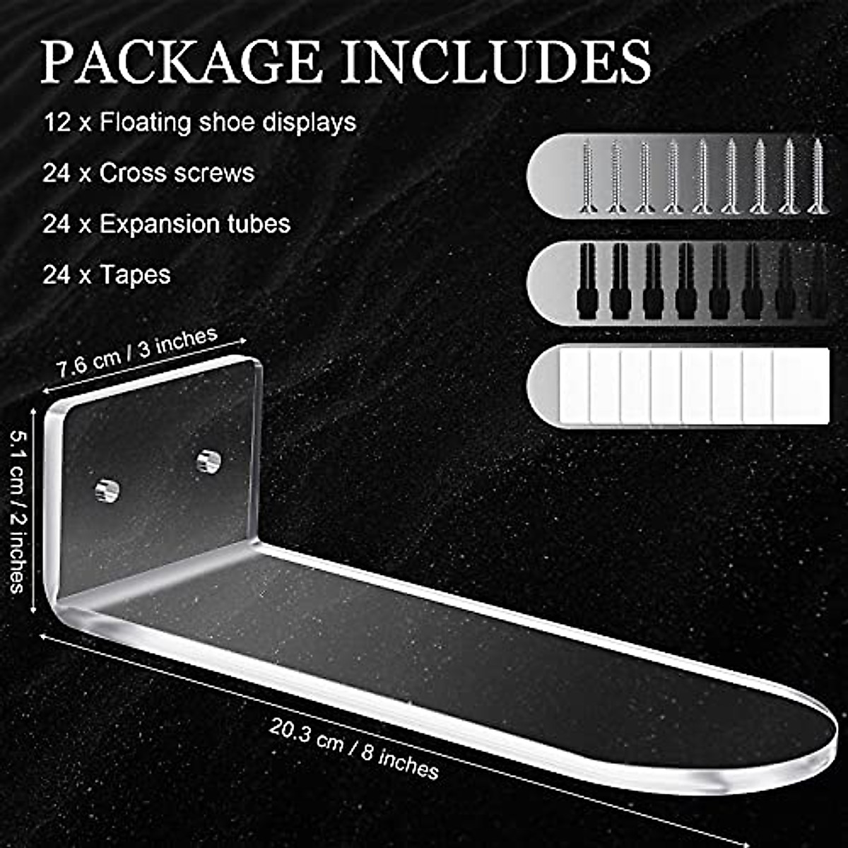 Floating Shoe Display Set of 12 for Wall Mount, Includes Acrylic Floating Shoe Shelves Floating Sneaker Stands Shelves Shoe Organizers with Cross Screws, Expansion Tubes and Tapes (Clear,0.24 Inch)