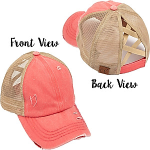 Funky Junque Ponytail Messy Bun Trucker Ponycap (Mesh - Coral w/Criss Cross Back)