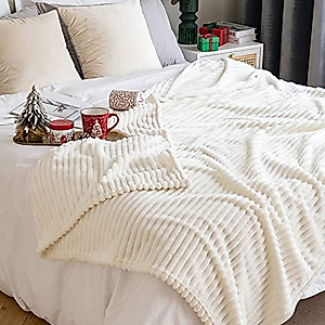 MIULEE Fleece Throw Blanket with Stripe Pattern for Couch Super Soft Fuzzy Flannel Cream White Blanket Plush Warm Cozy Bed Blanket for Sofa Chair Twin Size 60"x80"