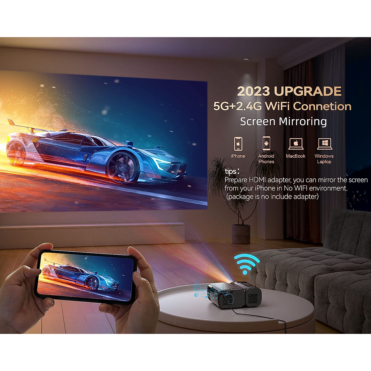 Mini Projector, Tkisko 5G WiFi 1080P Supported Video Projector, 12000 Lumens Portable Outdoor Projector, Home Theater Projector for Ceiling/Gaming/Movie, Compatible with iOS, Android, TV Stick, HDMI
