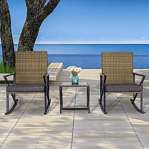3-Piece Rattan Rocker Chair Outdoor Garden Bistro Set Rocking Chair Wicker Lounge with Cushion and Coffee Table (Dark Grey)