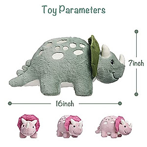 TCBunny Baby Dinosaur 12" Bedtime Stuffed Animal 2-Piece Plush Set, Prefect Kid's Gifts for Boys, Girls, Birthday, Valentine, Christmas (Triceratops-Pink & Green)