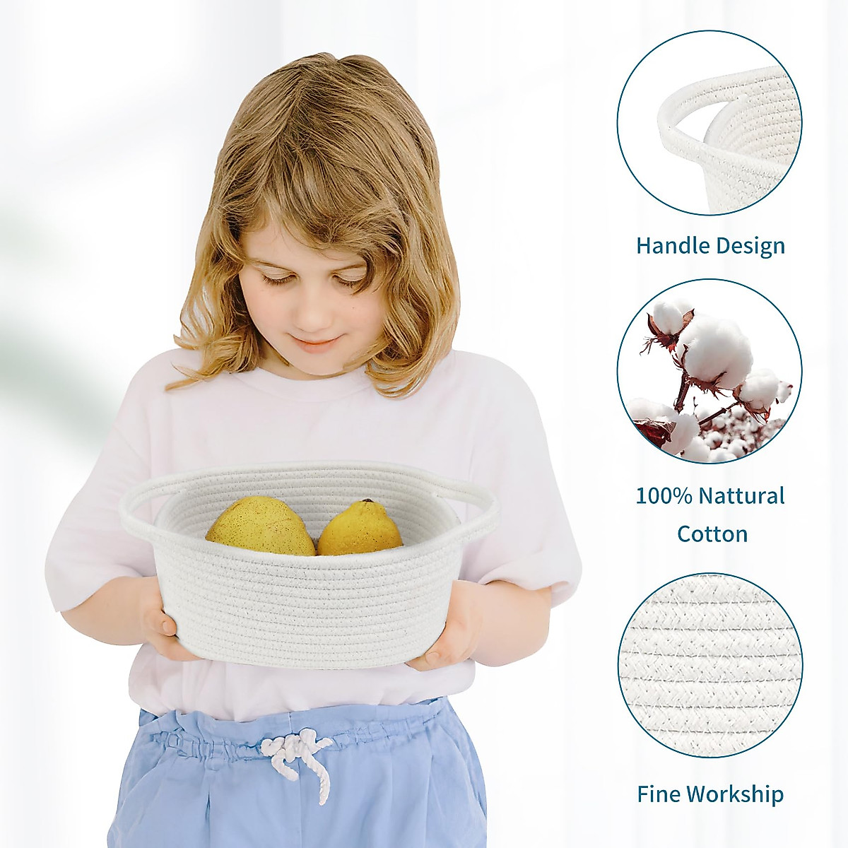 ABenkle Small Storage Basket, Mini Baby Basket, Cute Tiny Cotton Rope Woven Easter Basket,Shelf Basket, Boho Decorative Toy Dog Cat Basket for Nursery, Kids Room, Spa, Empty Gift Basket - XS, White