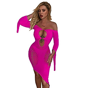 Neyysa Sexy Women Underwear Camisole Babydoll Lingerie Sets Bodysuit Nightgowns Sleepwear Long Sleeves Dress (Fluorescent Pink)