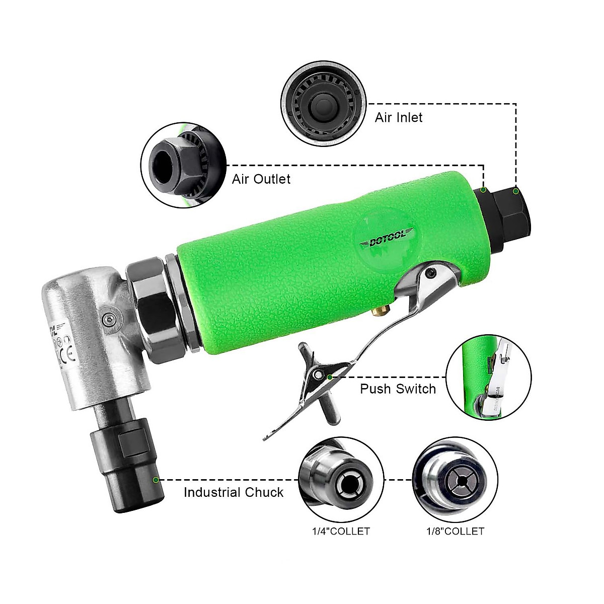 DOTOOL Air Right Angle die Grinder，1/4'' Angle Die Grinder，22000 RPM ， Pneumatic 90 Degree Die Grinder with 1/4" and 1/8" Collets for Grinding, Polishing, Cutting and More