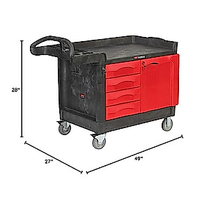 Rubbermaid Commercial Products Trademaster 4 Drawer Mobile Work Center with Cabinet, 49 inch L x 27 inch W x 28 inch H, Black/Red (FG453388BLA)