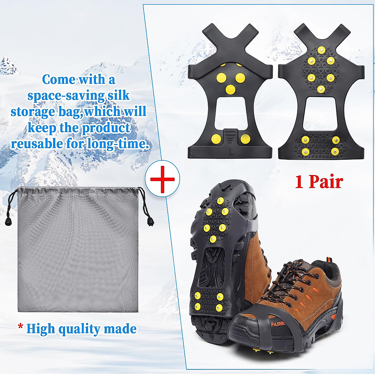 LACE INN Ice Cleats for Boots Shoes, Snow Grips Traction Cleats for Snow and Ice, Non Slip Grippers Spikes with 20 Steel Studs Crampons, Snow Grippers for Boots Slip-on Stretch Footwear(1 Pair)