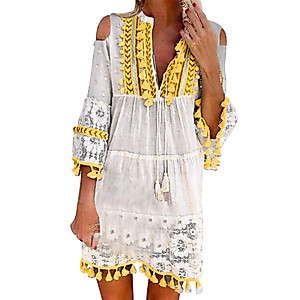 Birthday Dresses for Women Sexy Plus Size Ladies Lace Tassel Hollow Stitching Sunscreen Blouse Casual Dress Gold