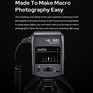 Godox ML-150II ML150II Macro LED Ring Flash Speedlite GN12 0.1-2s Recycle Time 5800K±200K for Sony Canon Nikon Fuji Olympus Panasonic DSLR Cameras for Video Production, Animal and Plant Photography