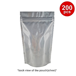 Silver/Clear Mylar Stand Up Bags Pouches with Zipper 5 X 8 X 2.5 inches (4 ounce) 200 pcs