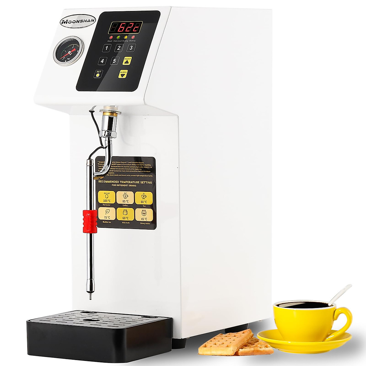 Moonshan Commercial Steam Milk Frother Fast Heating Milk Steamer Machine Boiler Quick Button Electric Fully-Automatic Coffee Foam Maker Frothing Machine for Coffee, Milk, Bubble Tea, Milk Tea