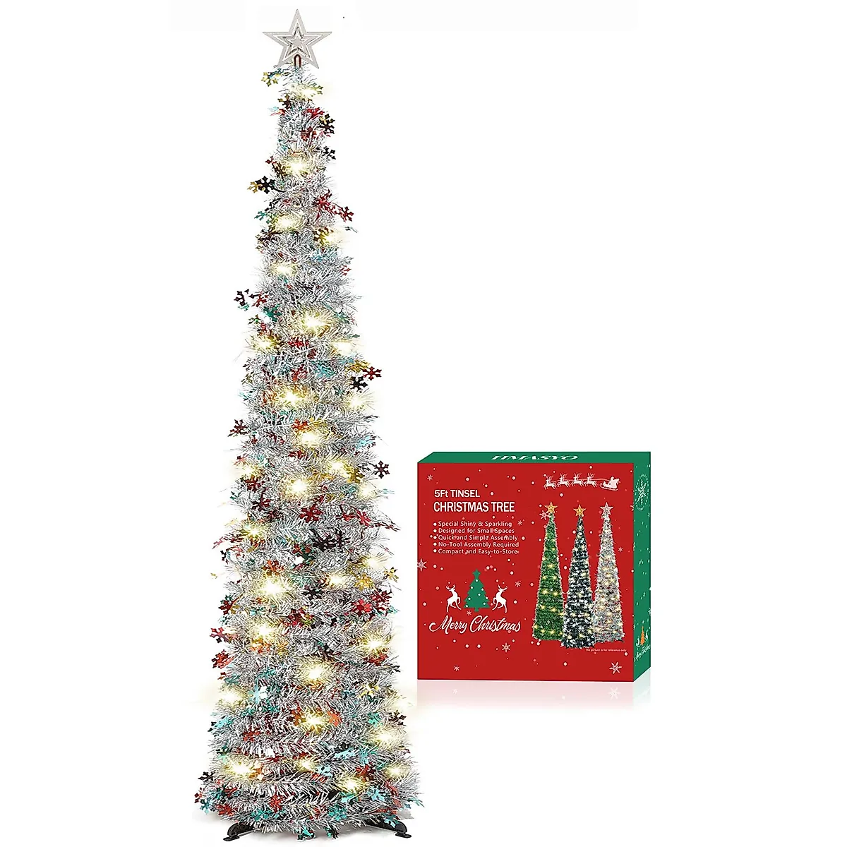2Pcs Pop Up Christmas Tree with 50 Warm Lights 3D Topper Star - Collapsible Glitter Tinsel Artificial Christmas Pencil Trees Holiday Xmas Decoration for Indoor Home Office