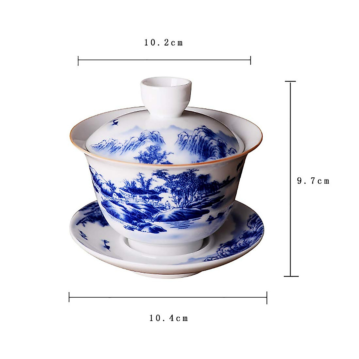 MULHUE Teacups set,Chinese Traditional Teaware Blue and White Porcelain Gaiwan Kungfu Tea bowl with Lid and Saucer - 180ml,Landscape
