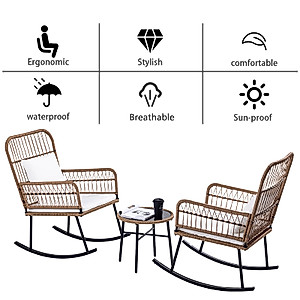 Patio Furniture Set Outdoor Rocking Chairs Set Boho Balcony Furniture All-Weather Beige Wicker Rattan Chairs Set for Balcony Porch with Black Templessed Coffee Table Washable White Cushions